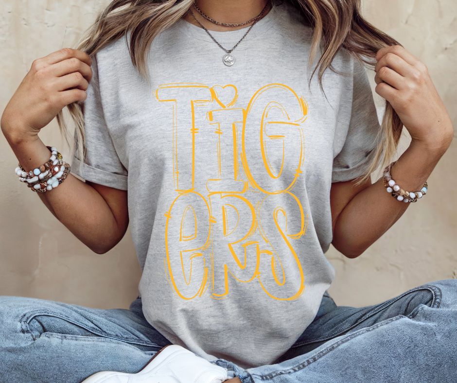 Tigers - Yellow Gold Outline (Spaced Out School Spirit) - DTF – BEC ...